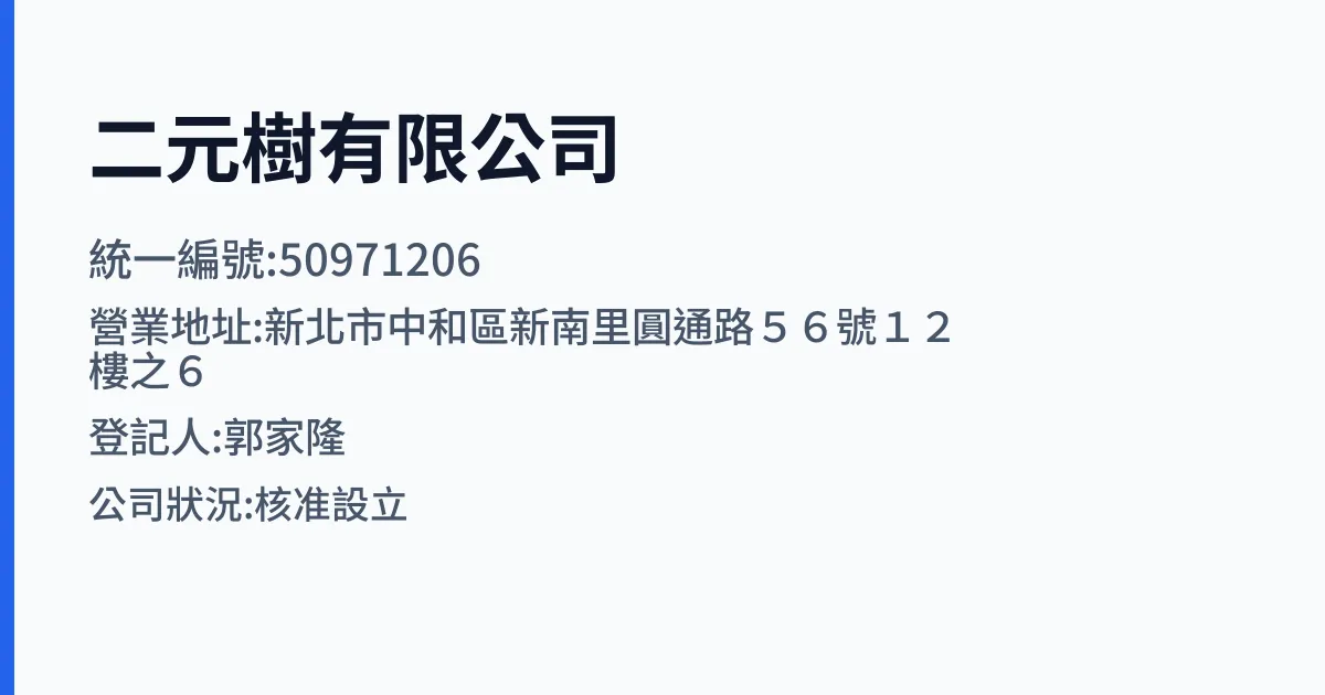 二元樹有限公司 - 統編 50971206(新北市) 公司登記資料與營業項目詳細圖表