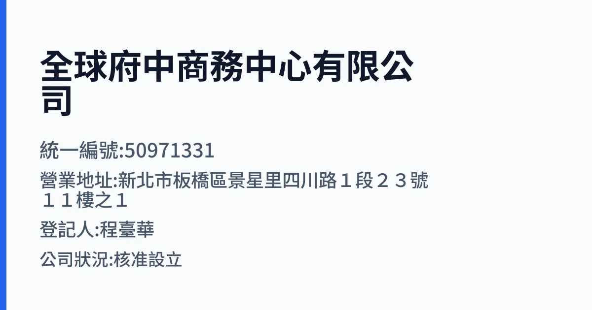 全球府中商務中心有限公司 - 統編 50971331(新北市) 公司登記資料與營業項目詳細圖表