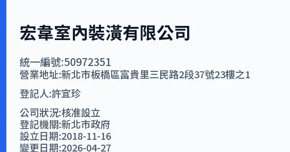宏韋室內裝潢有限公司的照片-統編 50972351(新北市) 公司登記資料與營業項目詳細圖表