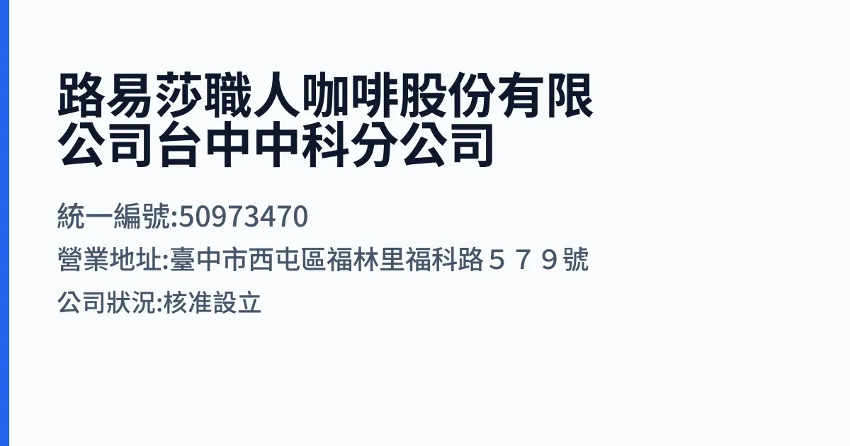路易莎職人咖啡股份有限公司台中中科分公司 - 統編 50973470(臺中市) 公司登記資料與營業項目詳細圖表