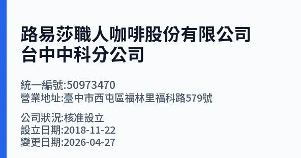 路易莎職人咖啡股份有限公司台中中科分公司的照片-統編 50973470(臺中市) 公司登記資料與營業項目詳細圖表