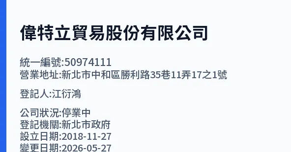 偉特立貿易股份有限公司的照片-統編 50974111(新北市) 公司登記資料與營業項目詳細圖表