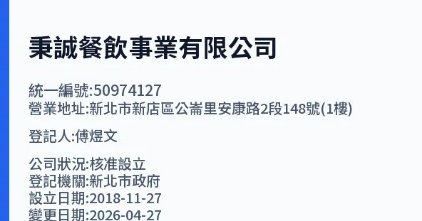 秉誠餐飲事業有限公司的照片-統編 50974127(新北市) 公司登記資料與營業項目詳細圖表