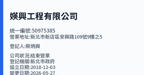 媖興工程有限公司的照片-統編 50975385(新北市) 公司登記資料與營業項目詳細圖表