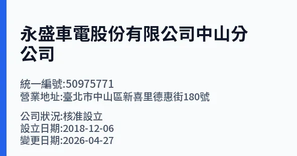 永盛車電股份有限公司中山分公司的照片-統編 50975771(臺北市) 公司登記資料與營業項目詳細圖表