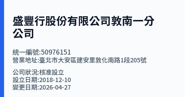 盛豐行股份有限公司敦南一分公司的照片-統編 50976151(臺北市) 公司登記資料與營業項目詳細圖表