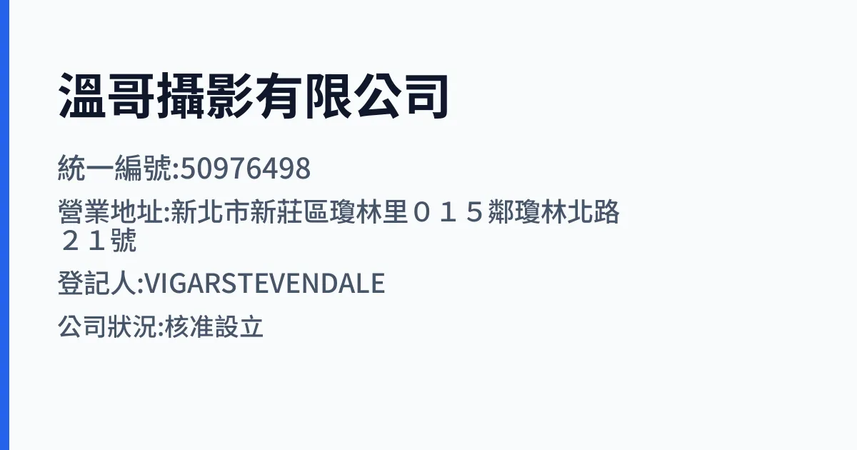 溫哥攝影有限公司 - 統編 50976498(新北市) 公司登記資料與營業項目詳細圖表