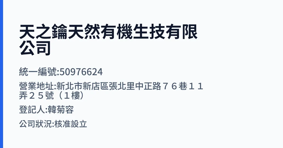 天之鑰天然有機生技有限公司 - 統編 50976624(新北市) 公司登記資料與營業項目詳細圖表