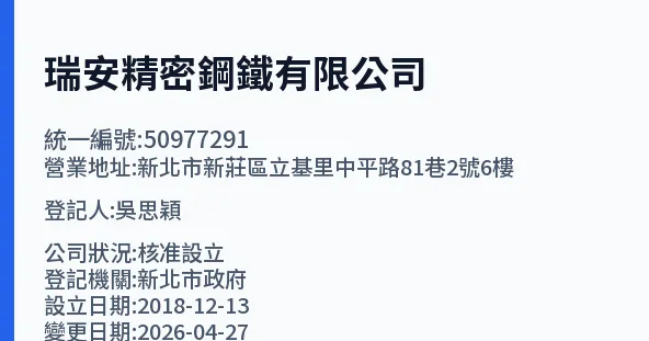 瑞安精密鋼鐵有限公司的照片-統編 50977291(新北市) 公司登記資料與營業項目詳細圖表