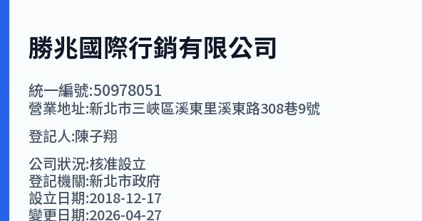 勝兆國際行銷有限公司的照片-統編 50978051(新北市) 公司登記資料與營業項目詳細圖表