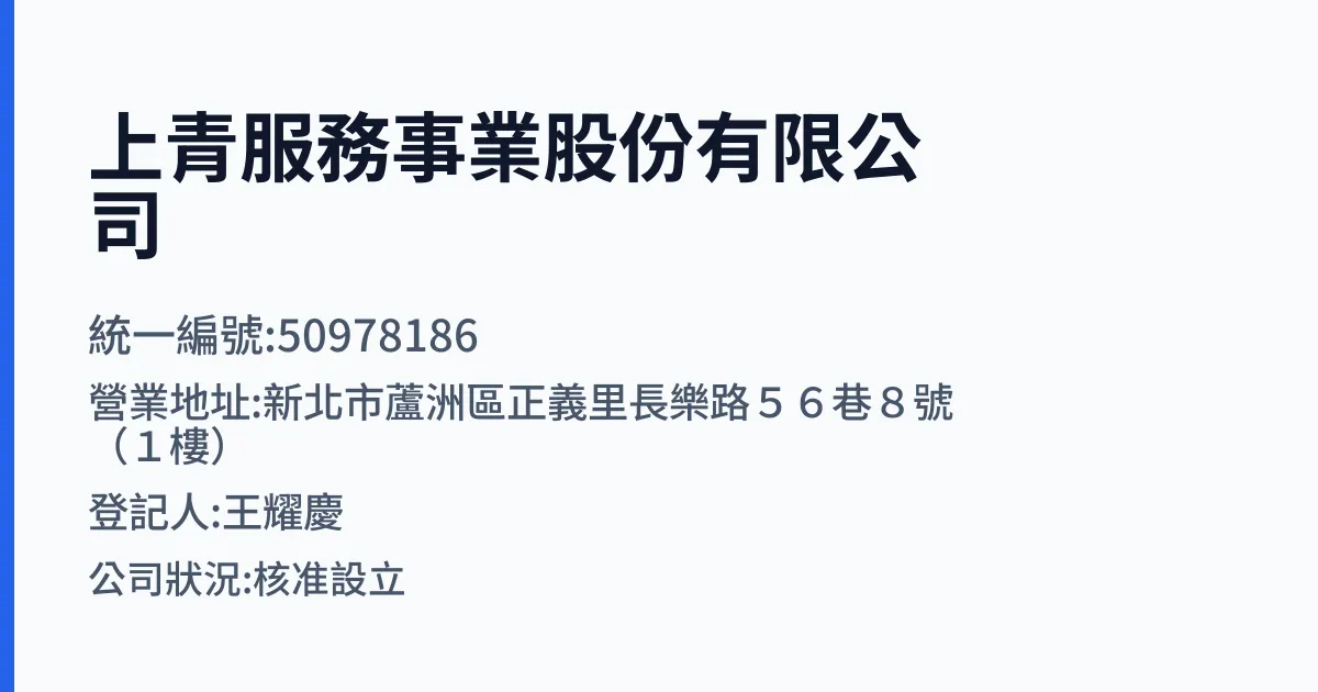 上青服務事業股份有限公司 - 統編 50978186(新北市) 公司登記資料與營業項目詳細圖表