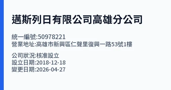 邁斯列日有限公司高雄分公司的照片-統編 50978221(高雄市) 公司登記資料與營業項目詳細圖表
