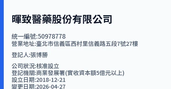 暉致醫藥股份有限公司的照片-統編 50978778(臺北市) 公司登記資料與營業項目詳細圖表