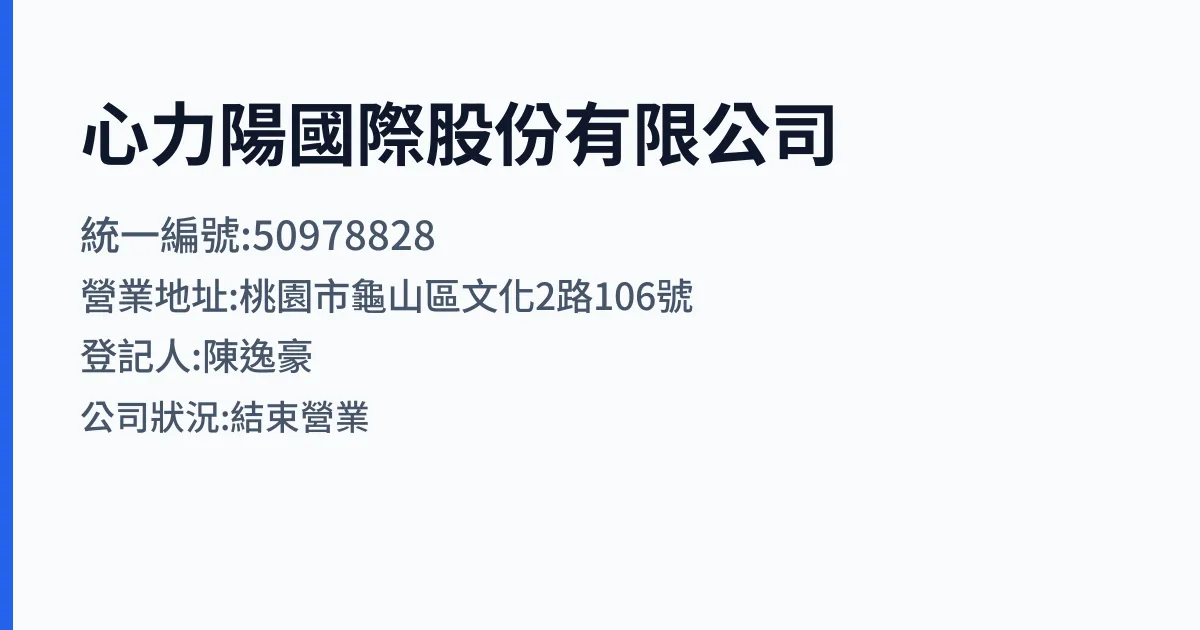 心力陽國際股份有限公司 - 統編 50978828(桃園市) 公司登記資料與營業項目詳細圖表