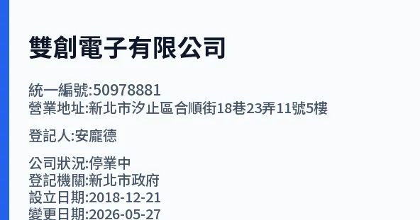 雙創電子有限公司的照片-統編 50978881(新北市) 公司登記資料與營業項目詳細圖表