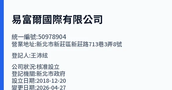 易富爾國際有限公司的照片-統編 50978904(新北市) 公司登記資料與營業項目詳細圖表