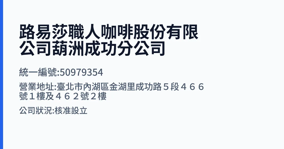 路易莎職人咖啡股份有限公司葫洲成功分公司 - 統編 50979354(臺北市) 公司登記資料與營業項目詳細圖表