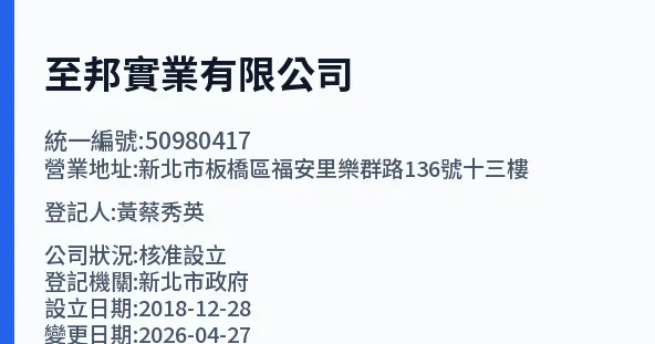 至邦實業有限公司的照片-統編 50980417(新北市) 公司登記資料與營業項目詳細圖表