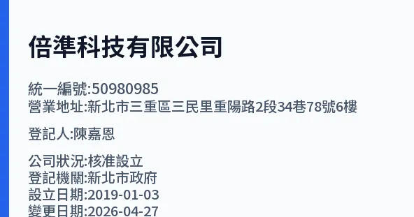 倍準科技有限公司的照片-統編 50980985(新北市) 公司登記資料與營業項目詳細圖表