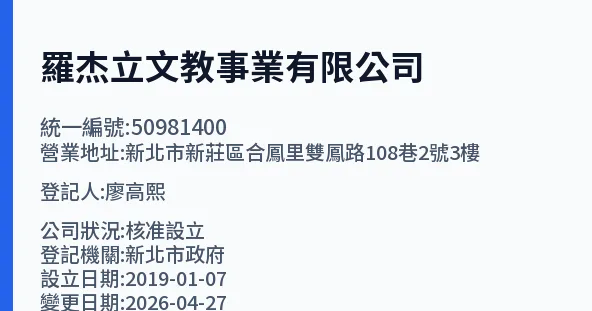 羅杰立文教事業有限公司的照片-統編 50981400(新北市) 公司登記資料與營業項目詳細圖表