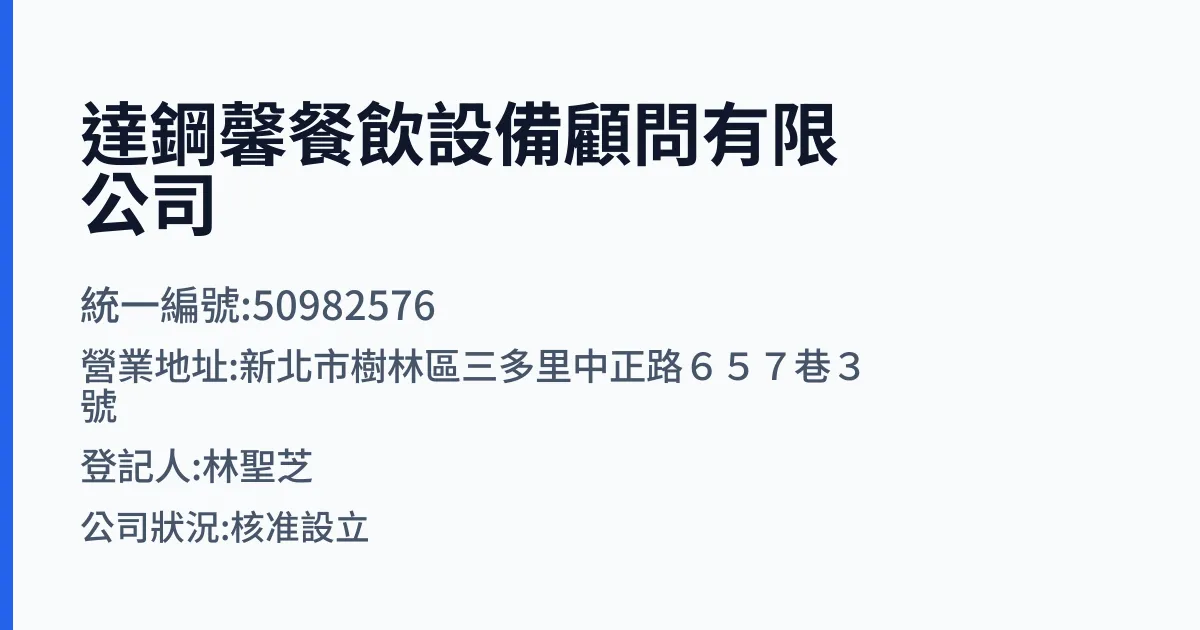 達鋼馨餐飲設備顧問有限公司 - 統編 50982576(新北市) 公司登記資料與營業項目詳細圖表