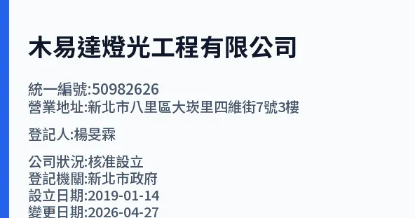 木易達燈光工程有限公司的照片-統編 50982626(新北市) 公司登記資料與營業項目詳細圖表