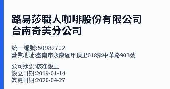 路易莎職人咖啡股份有限公司台南奇美分公司的照片-統編 50982702(臺南市) 公司登記資料與營業項目詳細圖表