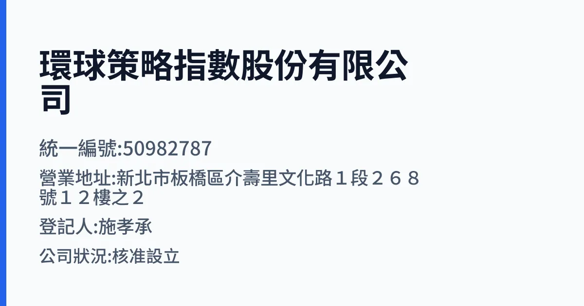 環球策略指數股份有限公司 - 統編 50982787(新北市) 公司登記資料與營業項目詳細圖表