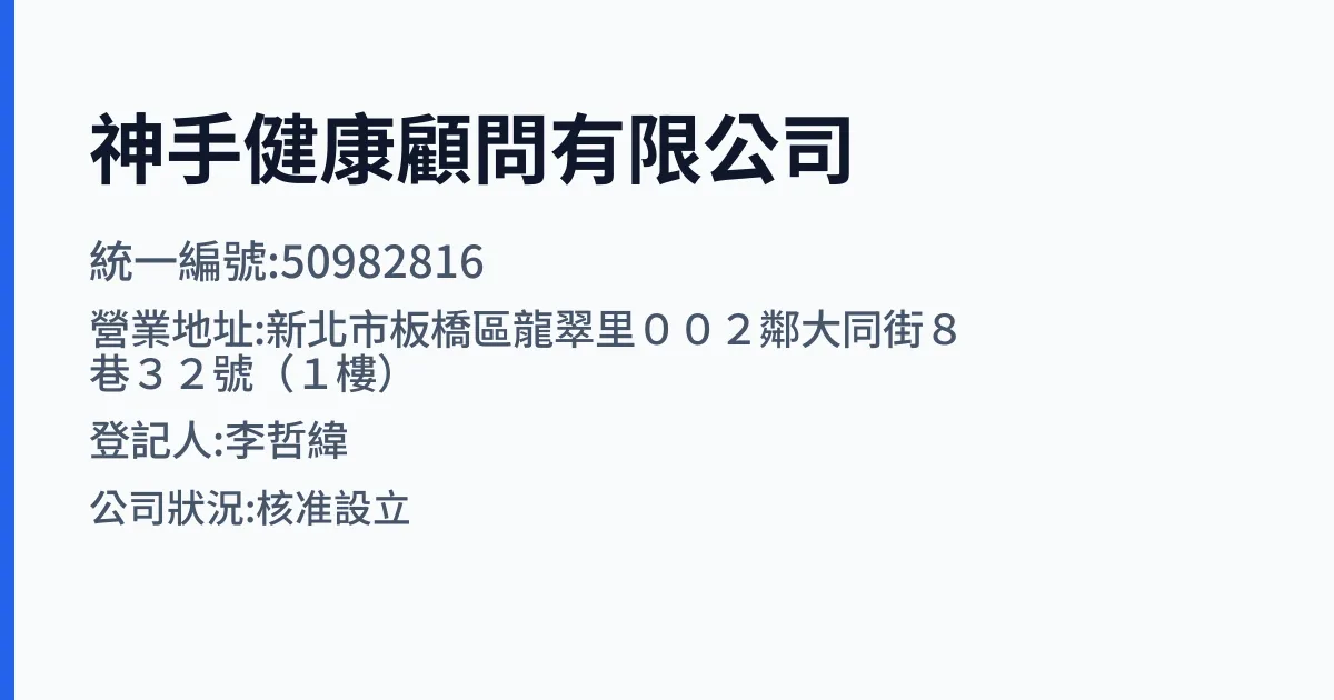 神手健康顧問有限公司 - 統編 50982816（新北市） 公司登記資料與營業項目詳細圖表