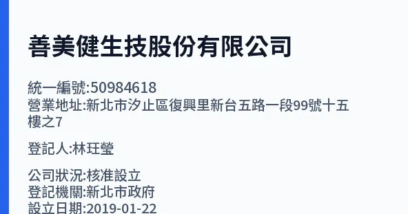 善美健生技股份有限公司的照片-統編 50984618(新北市) 公司登記資料與營業項目詳細圖表