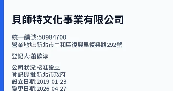 貝師特文化事業有限公司的照片-統編 50984700(新北市) 公司登記資料與營業項目詳細圖表