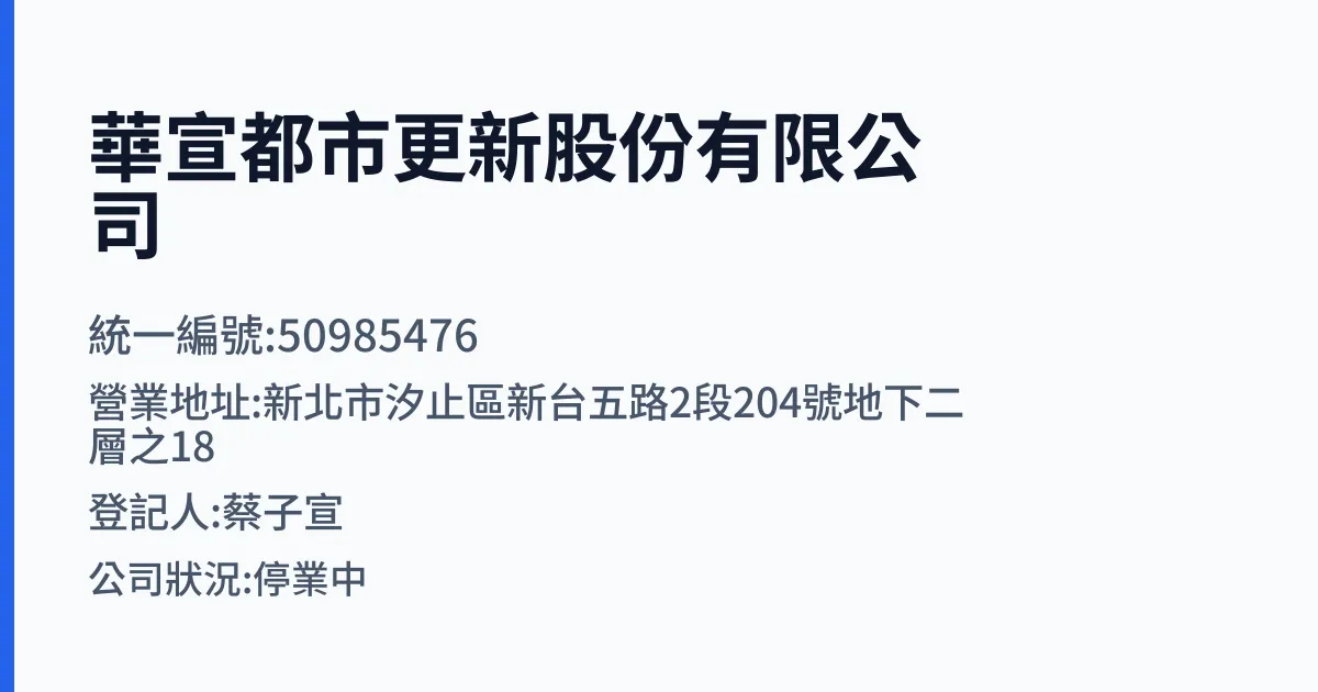 華宣都市更新股份有限公司 - 統編 50985476(新北市) 公司登記資料與營業項目詳細圖表