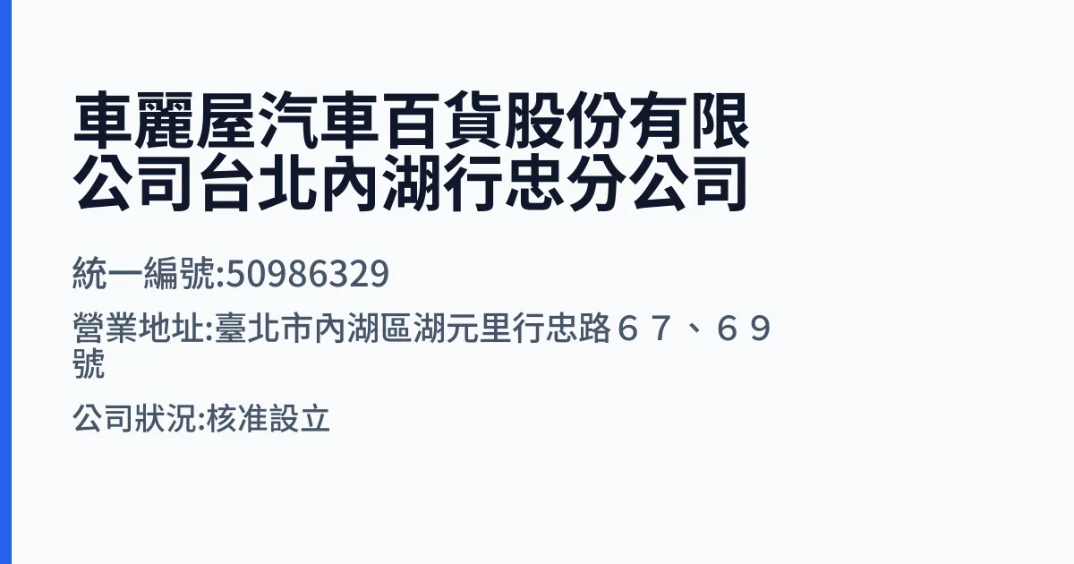 車麗屋汽車百貨股份有限公司台北內湖行忠分公司 - 統編 50986329(臺北市) 公司登記資料與營業項目詳細圖表