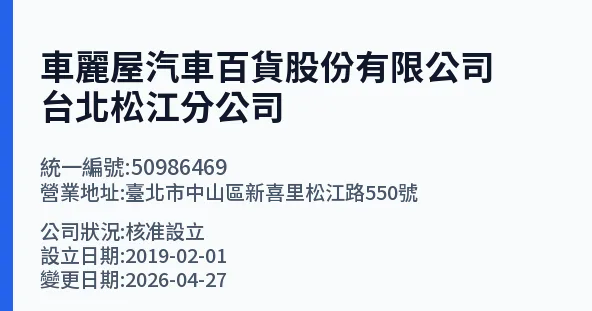 車麗屋汽車百貨股份有限公司台北松江分公司的照片-統編 50986469(臺北市) 公司登記資料與營業項目詳細圖表