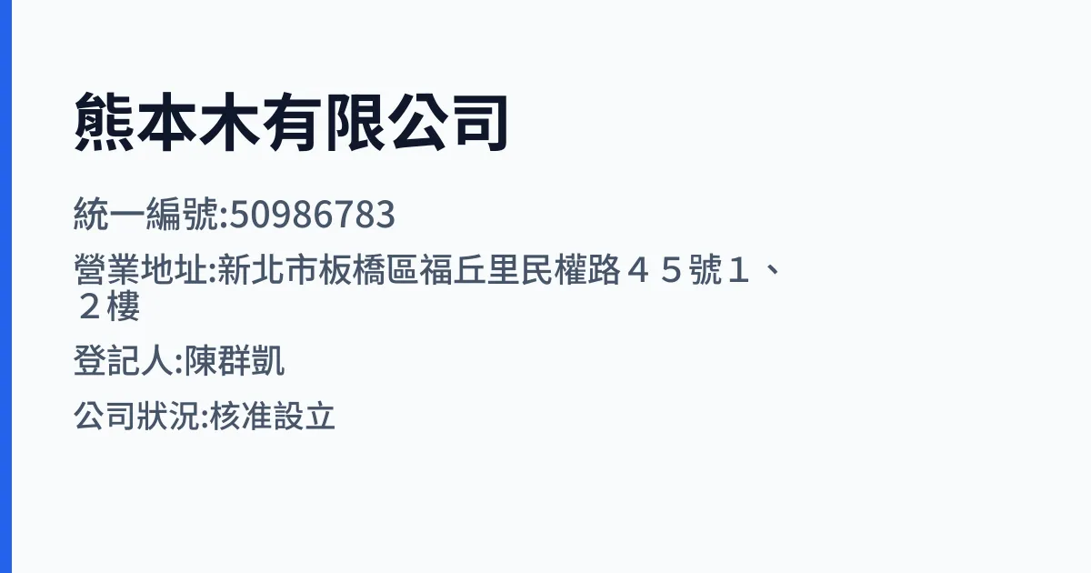 熊本木有限公司 - 統編 50986783(新北市) 公司登記資料與營業項目詳細圖表