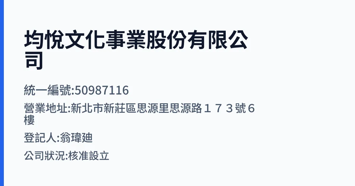 均悅文化事業股份有限公司 - 統編 50987116(新北市) 公司登記資料與營業項目詳細圖表