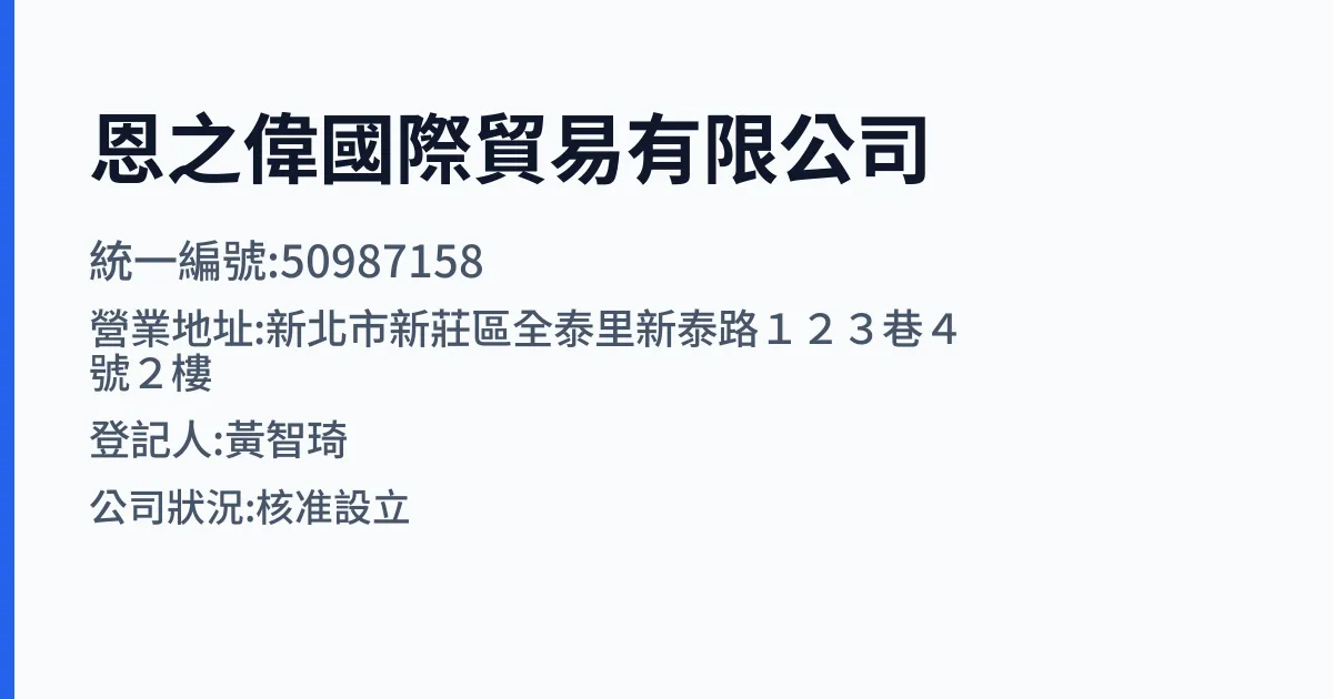 恩之偉國際貿易有限公司 - 統編 50987158(新北市) 公司登記資料與營業項目詳細圖表