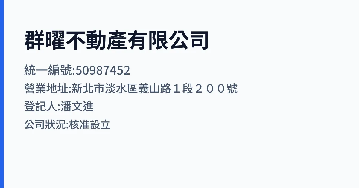 群曜不動產有限公司 - 統編 50987452(新北市) 公司登記資料與營業項目詳細圖表