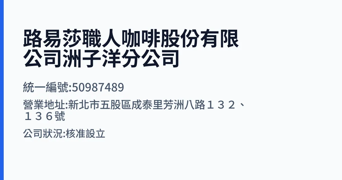 路易莎職人咖啡股份有限公司洲子洋分公司 - 統編 50987489(新北市) 公司登記資料與營業項目詳細圖表
