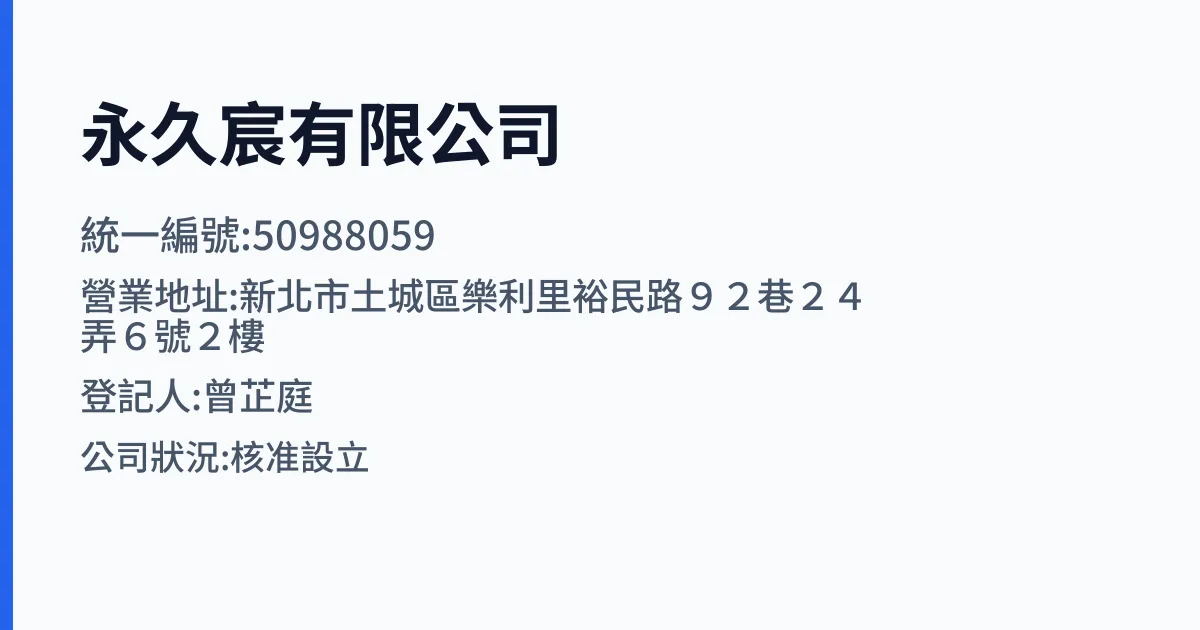 永久宸有限公司 - 統編 50988059(新北市) 公司登記資料與營業項目詳細圖表