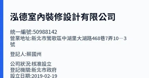 泓德室內裝修設計有限公司的照片-統編 50988142(新北市) 公司登記資料與營業項目詳細圖表