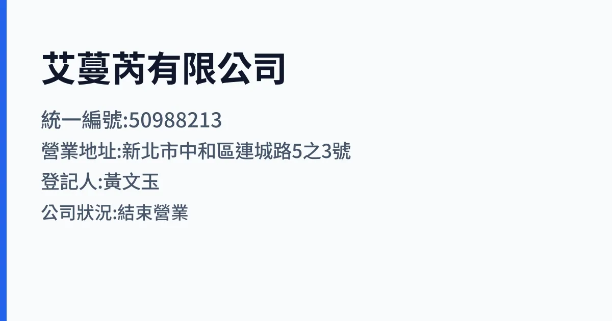 艾蔓芮有限公司 - 統編 50988213(新北市) 公司登記資料與營業項目詳細圖表