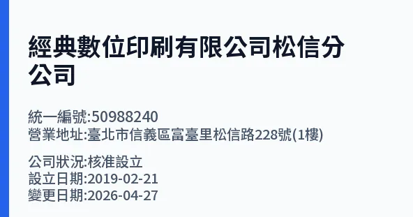 經典數位印刷有限公司松信分公司的照片-統編 50988240(臺北市) 公司登記資料與營業項目詳細圖表