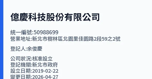 億慶科技股份有限公司的照片-統編 50988699(新北市) 公司登記資料與營業項目詳細圖表