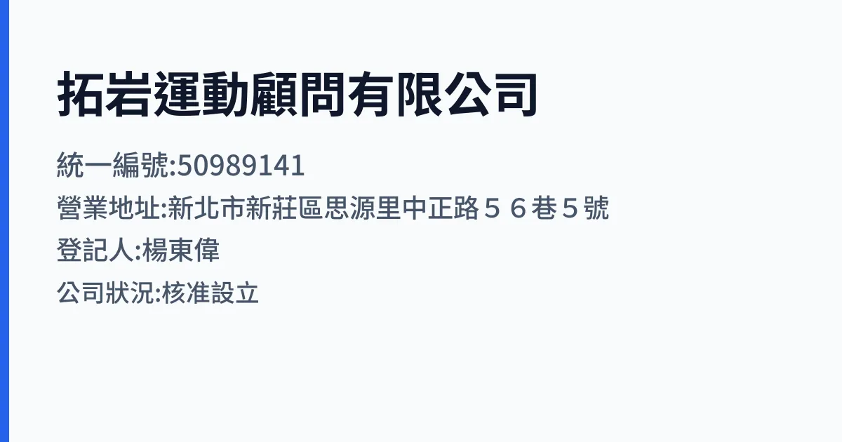 拓岩運動顧問有限公司 - 統編 50989141(新北市) 公司登記資料與營業項目詳細圖表
