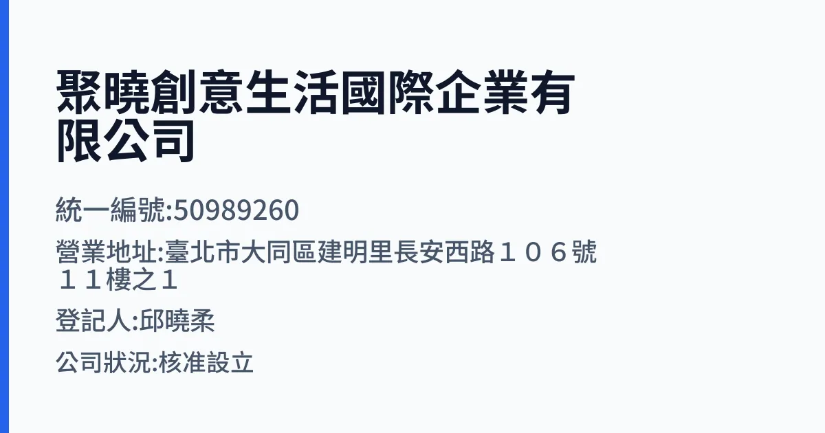 聚曉創意生活國際企業有限公司 - 統編 50989260(新北市) 公司登記資料與營業項目詳細圖表