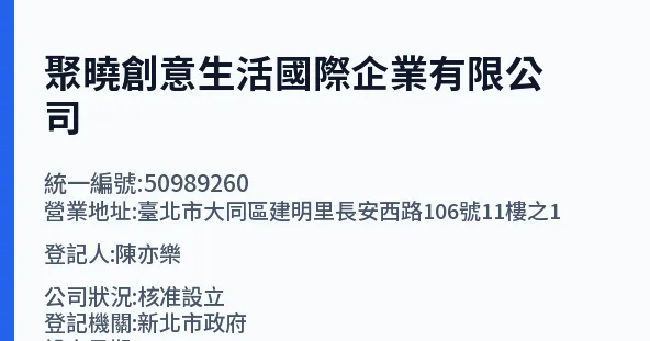 聚曉創意生活國際企業有限公司的照片-統編 50989260(臺北市) 公司登記資料與營業項目詳細圖表