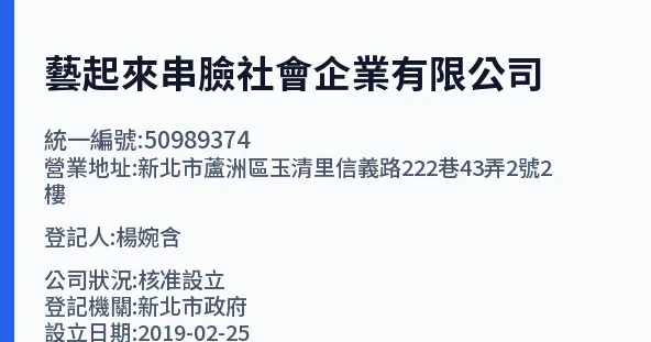 藝起來串臉社會企業有限公司的照片-統編 50989374(新北市) 公司登記資料與營業項目詳細圖表