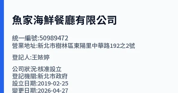 魚家海鮮餐廳有限公司的照片-統編 50989472(新北市) 公司登記資料與營業項目詳細圖表