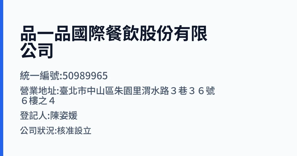 品一品國際餐飲股份有限公司 - 統編 50989965(臺北市) 公司登記資料與營業項目詳細圖表